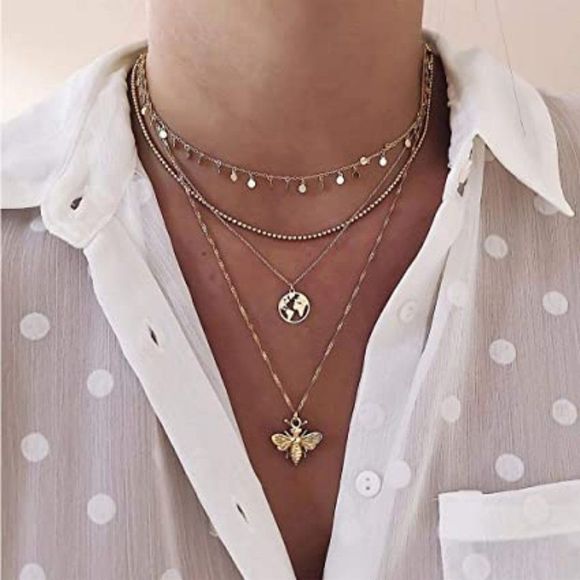 Sixexey | Jewelry | Sixexey Layeredsequin Necklace Chainsgold Map Pendant Necklaces | Poshmark